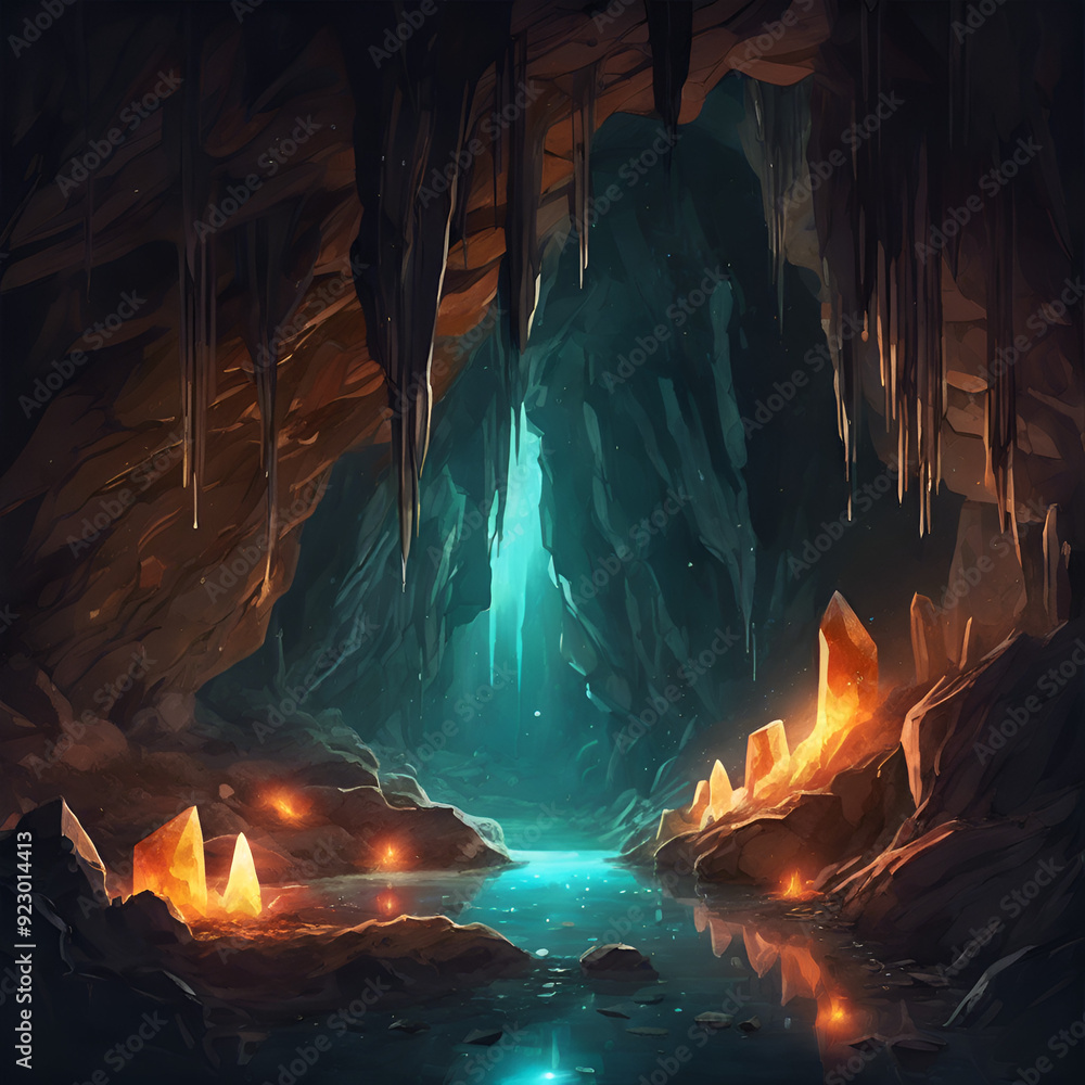 Mysterious underground cave with glowing crystals and an underground ...