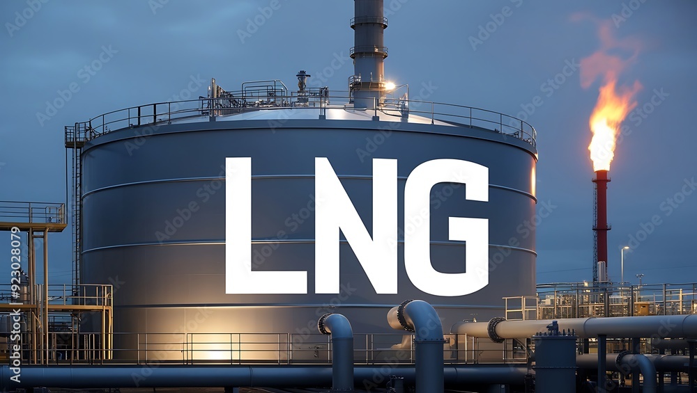 A vast industrial complex with a massive LNG storage tank designed for ...