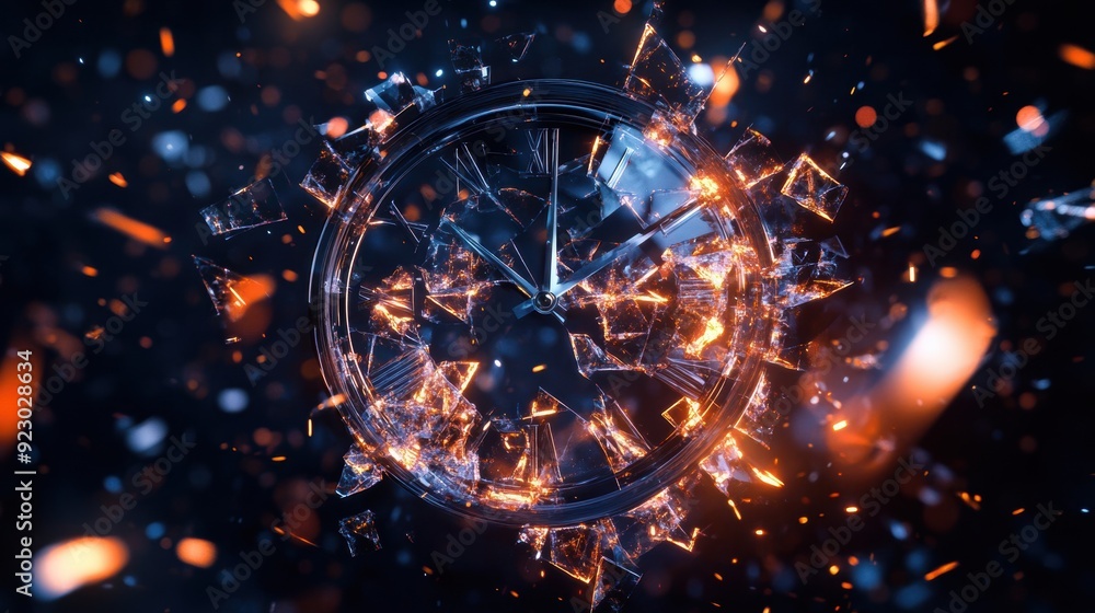 Abstract art of a shattered clock symbolizes the loss of time and ...
