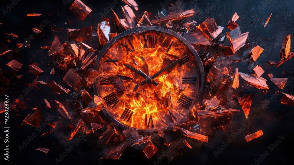 Abstract art of a shattered clock symbolizes the loss of time and ...