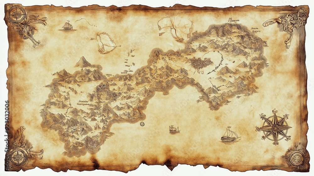 Vintage-style fantasy map featuring detailed terrain and mountains ...