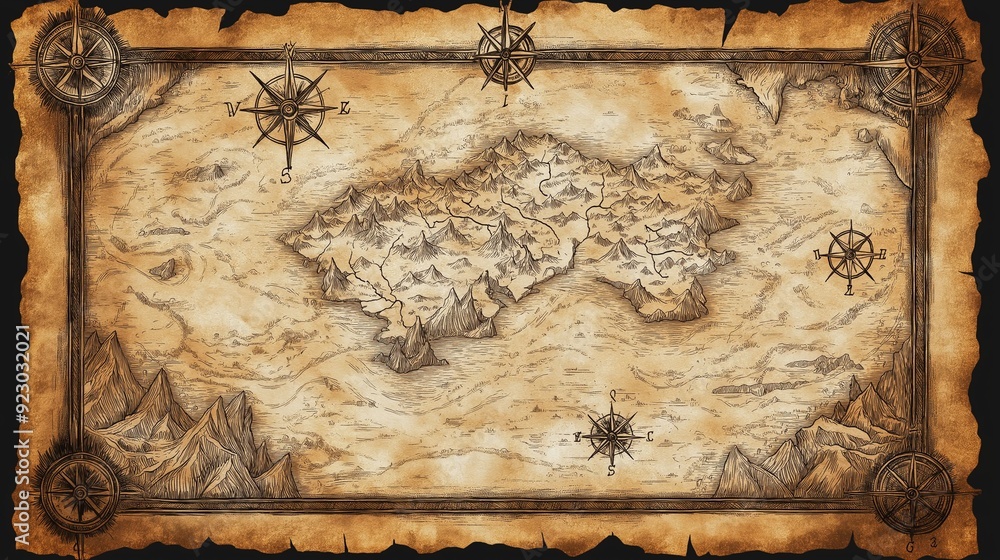 Vintage-style fantasy map featuring detailed terrain and mountains ...