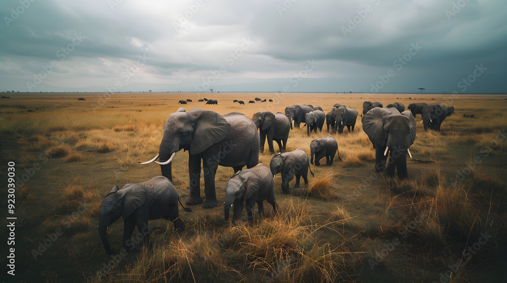 herd of elephaA majestic herd of African elephants walking across the vast savannah grasslands ...