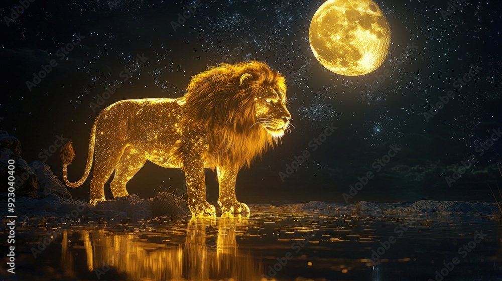 A lion standing in front of a full moon. The lion is lit up and ...