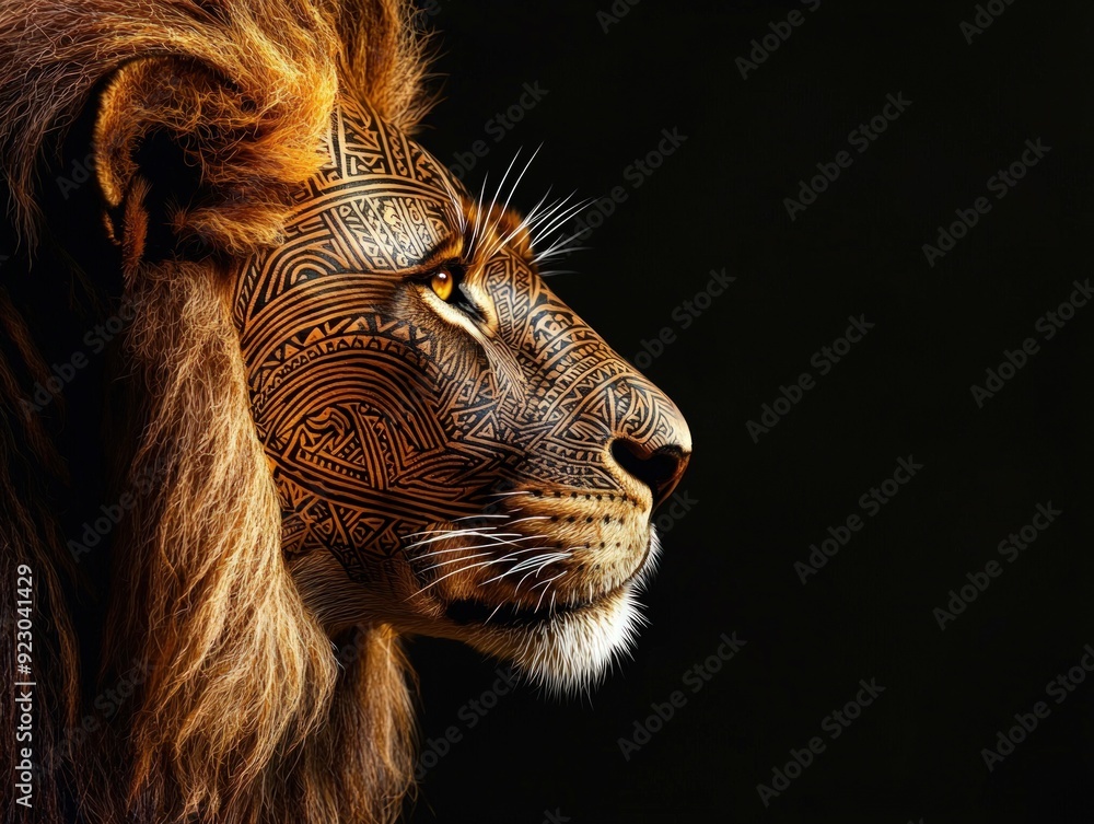 A lion with tribal markings on its face is staring at the camera. The ...