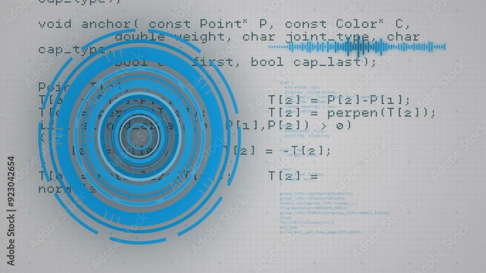 Blue concentric circles and soundwave animation overlaying programming ...