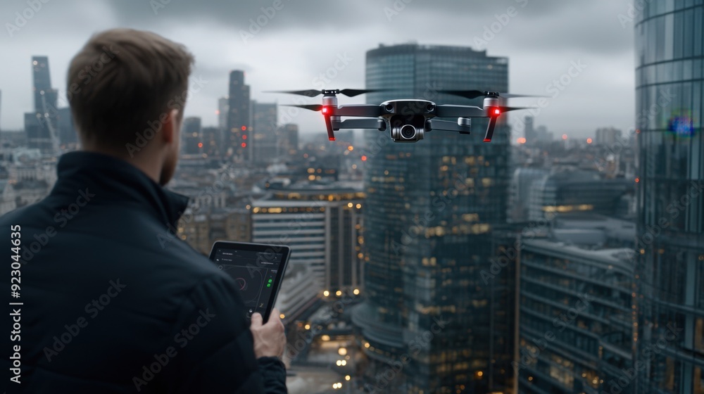 Worker monitors automated drone inspection of tall building exterior ...