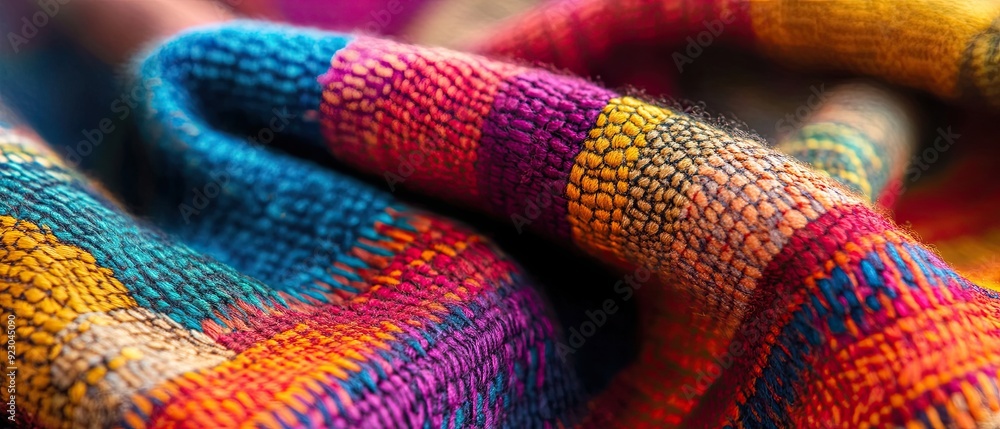 Close-up of a vibrant fabric texture with woven patterns and thread ...