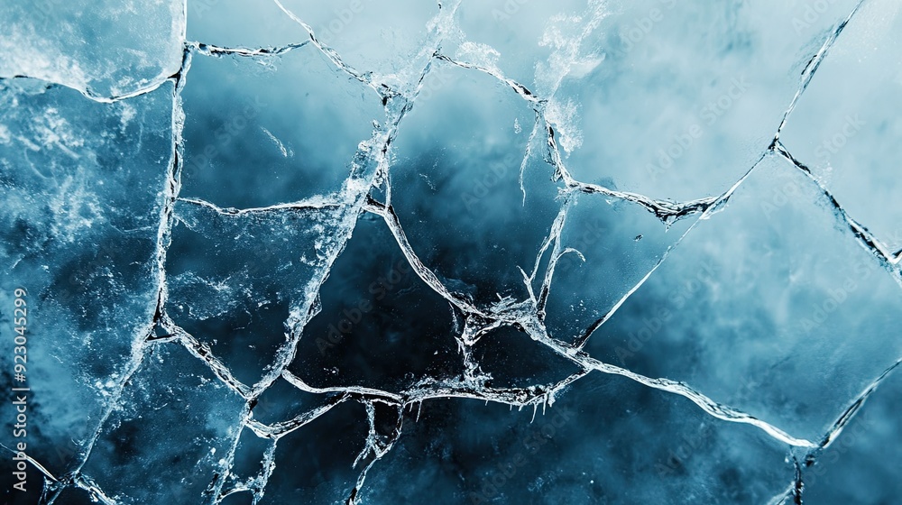 Macro image of a cracked ice surface with delicate fractures and frosty ...