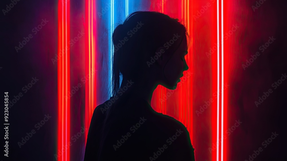 Shadowy figure outlined by neon lights the contrast of bright neon and ...
