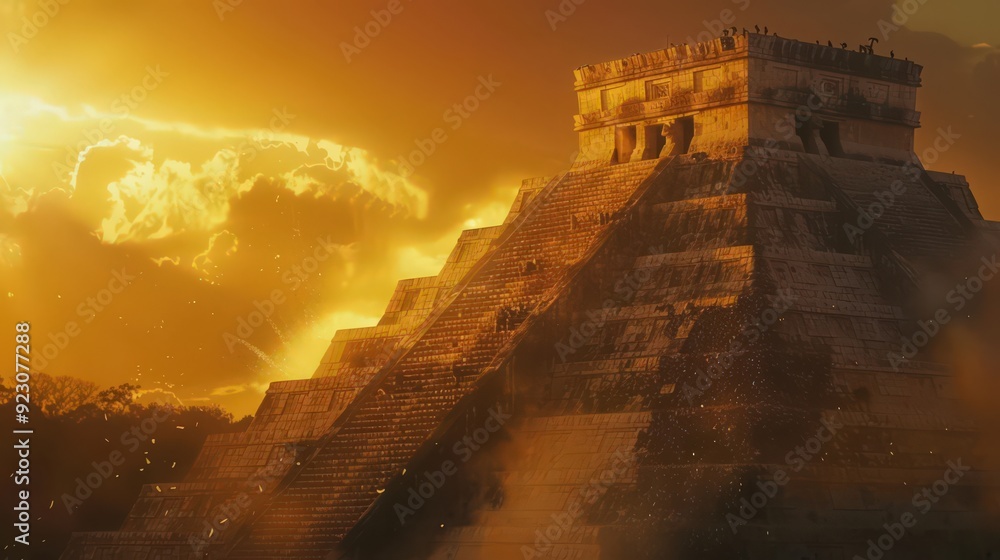 The Chichen Itza ruins bathed in the golden light of sunset ...