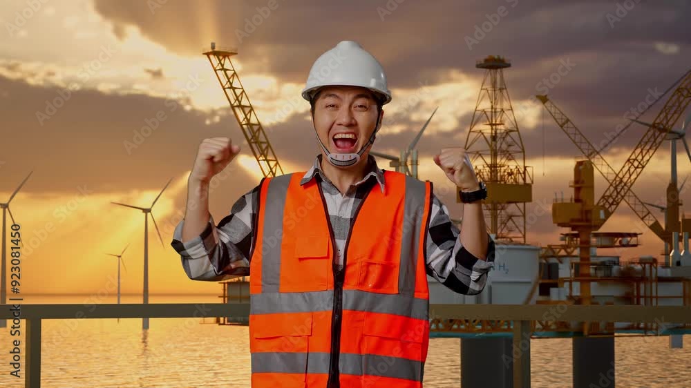 Asian Male Engineer With Safety Helmet Screaming Goal Celebrating ...