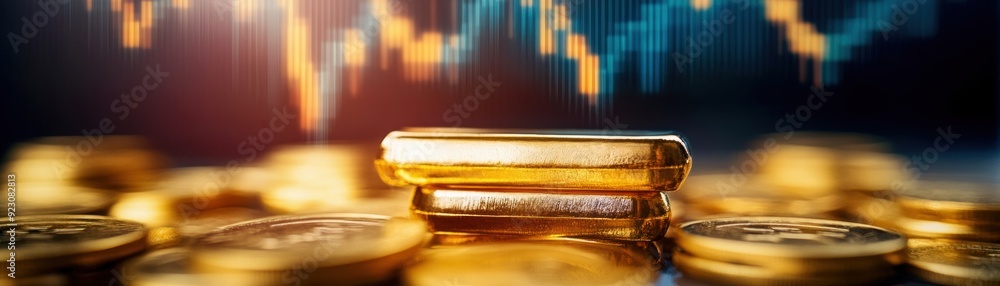 Gold bars and coins in focus, trading data represented graphically ...