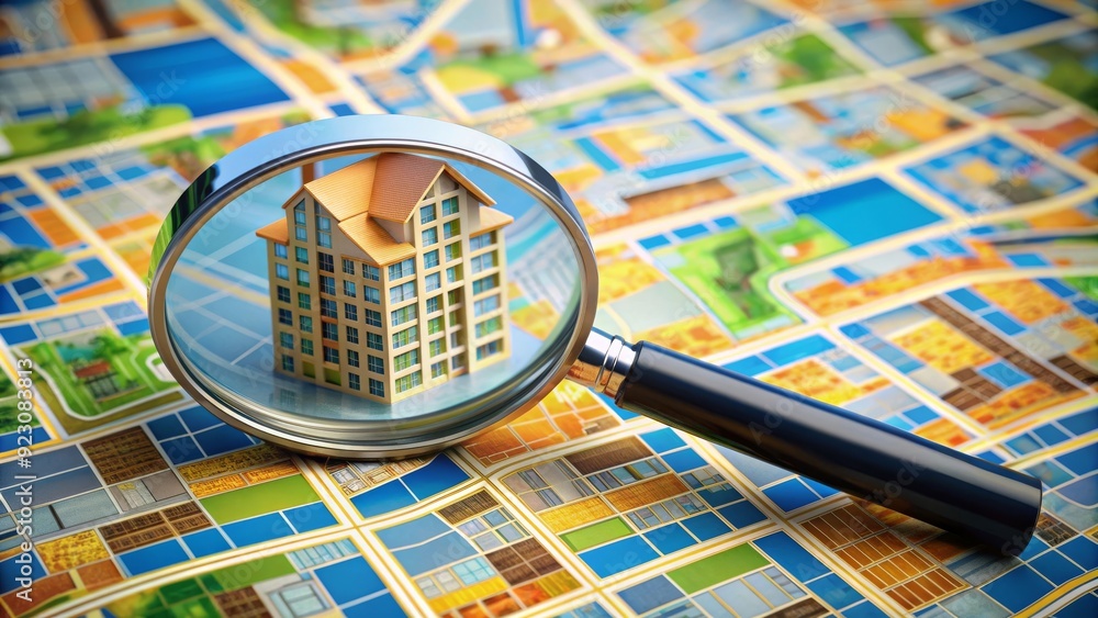 Lupa enfocando un edificio alto en un mapa, simbolizando la búsqueda de ...