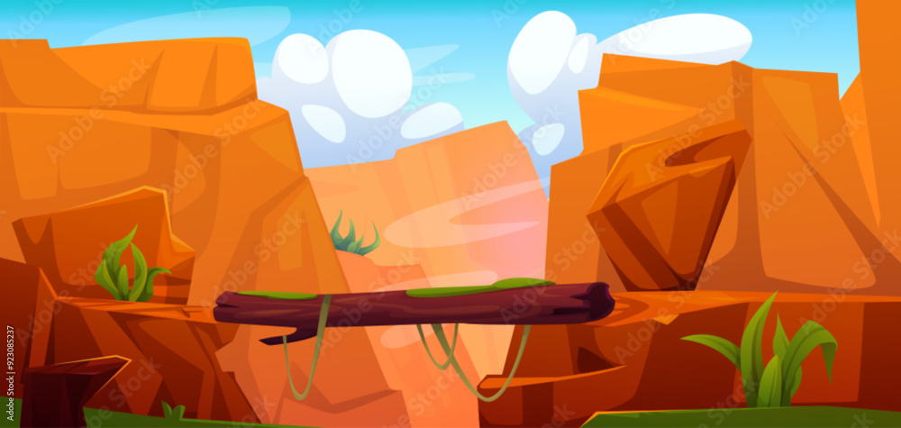 Wood log bridge on mountain cliff suspension edges over chasm in desert ...