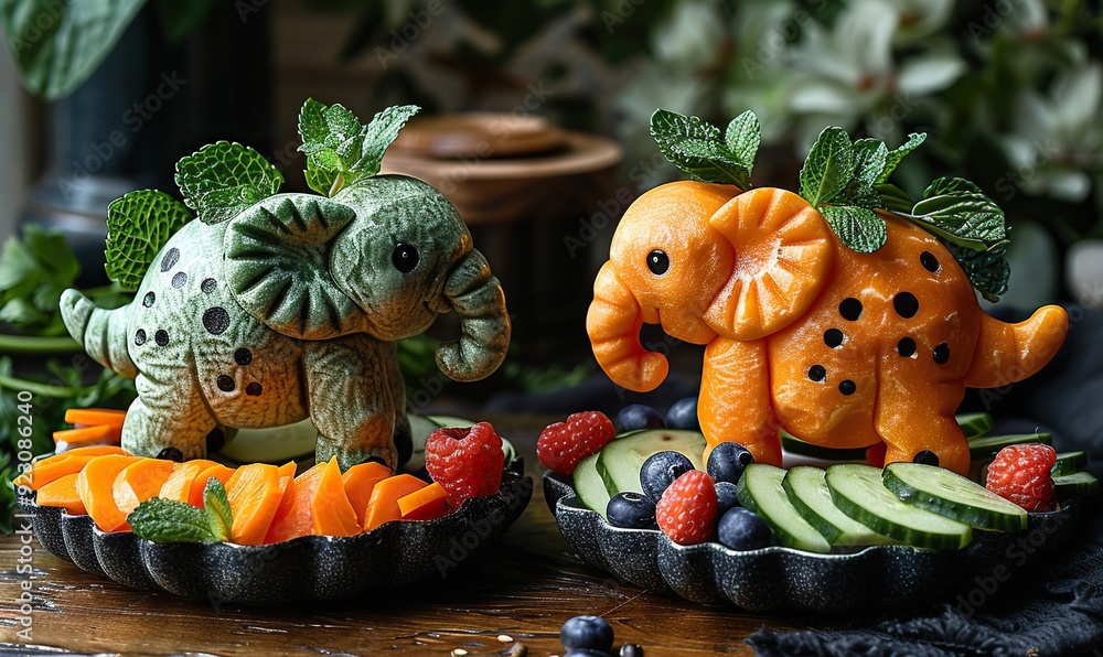 childrens meal in animal dishes a vibrant display of healthy foods in ...