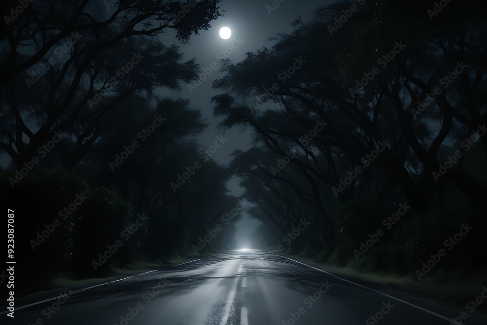 Cinematic dark fantasy scene of a narrow road at midnight, shrouded in ...