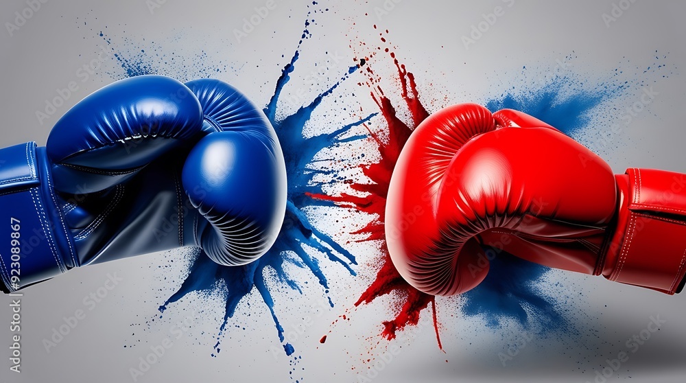 Two boxing gloves clashing in the center, with ample copyspace for ...