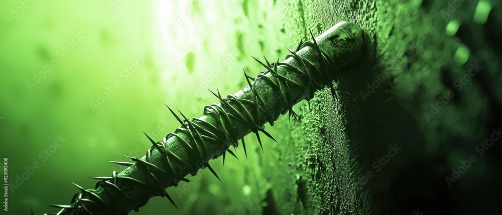 A spiked baseball bat wrapped in barbed wire, leaning against a ...