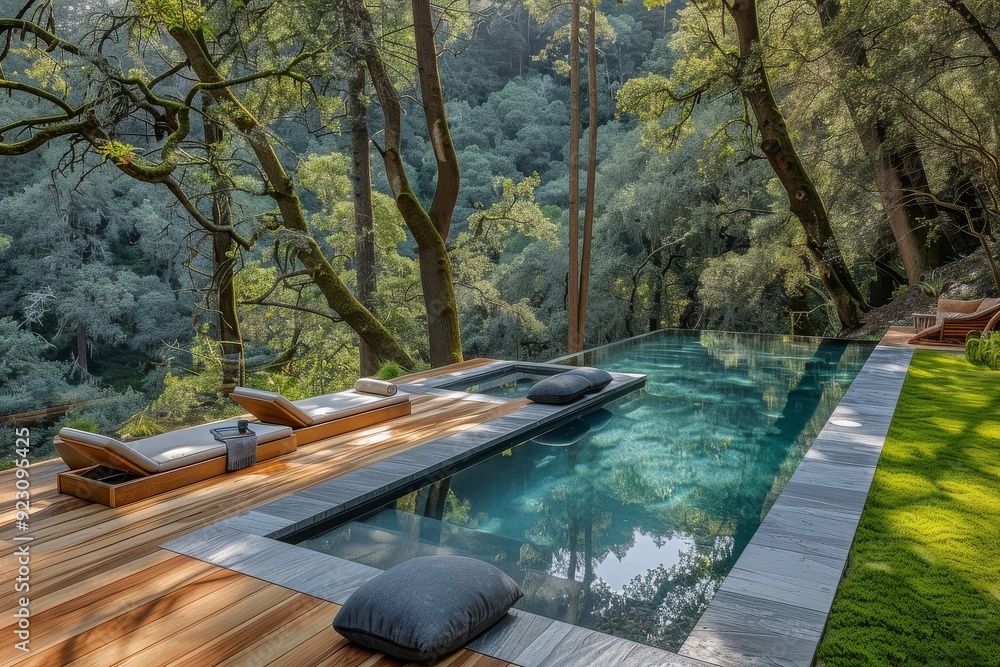 Rectangular pool with wood deck and seating area overlooking a redwood ...