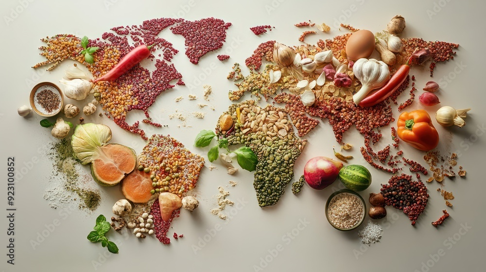 global cuisine diversity map made of food ingredients and vegetables ...