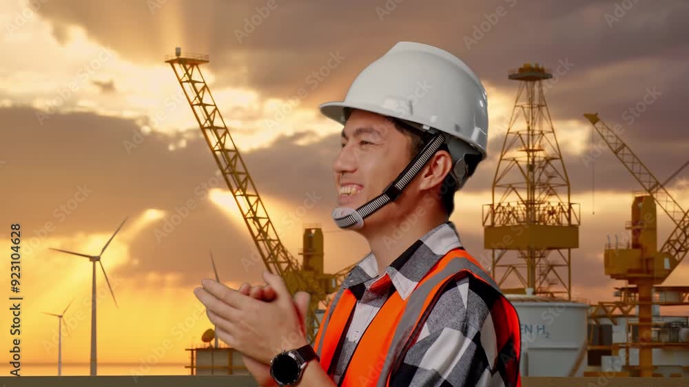 Close Up Side View Of Asian Male Engineer With Safety Helmet Smiling ...