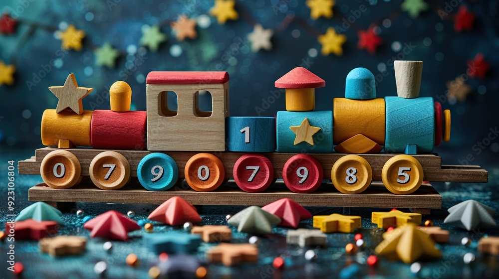 engaging educational concept with wooden toy train,number blocks from 1 ...