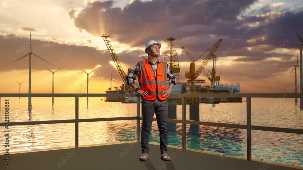 Full Body Of Asian Male Engineer Wearing Safety Helmet Looking Around ...