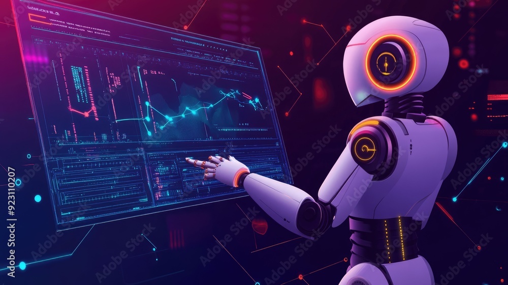 AI concept in 2D illustration, featuring a robot analyzing data on a ...