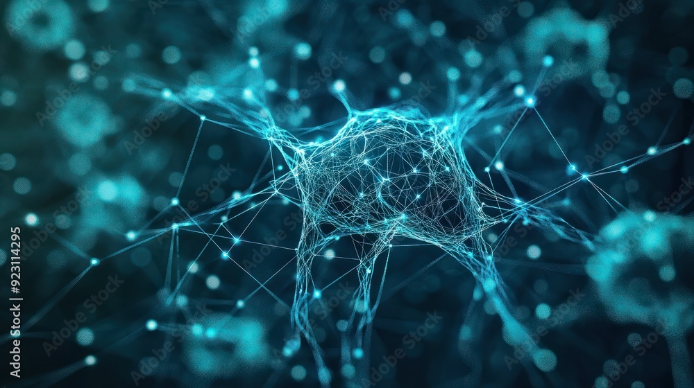 abstract blue green technology background with a cyber network grid and ...