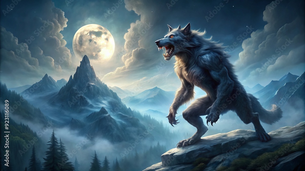 A snarling, furry werewolf stands atop a misty, moonlit mountain, its ...