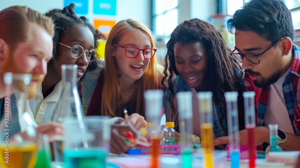Diverse group of students laughing and enjoying their time in chemistry ...