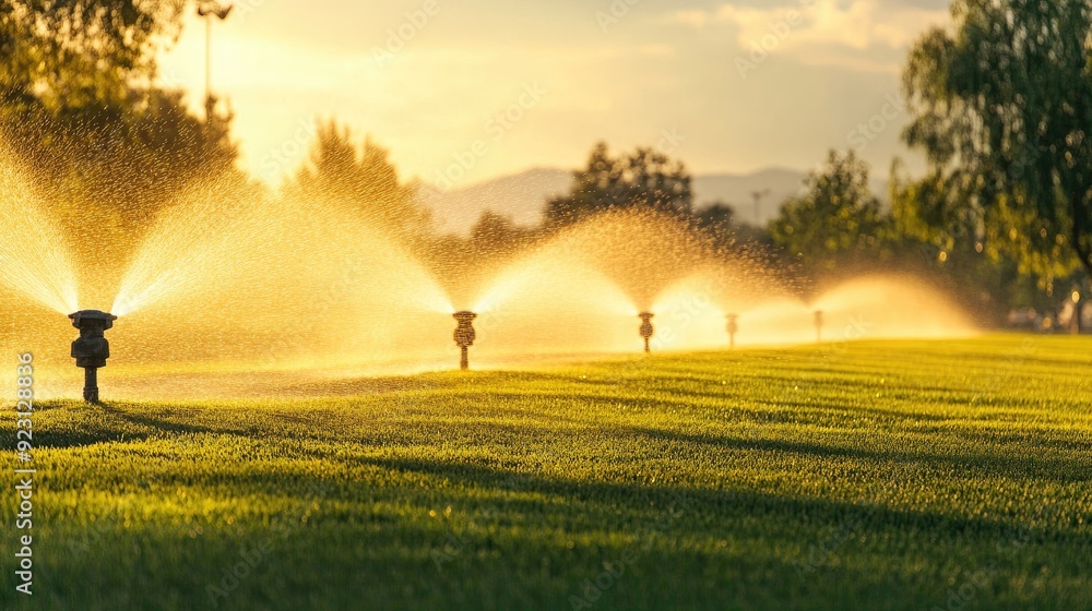 An automatic irrigation system operating on a suburban lawn, with water ...