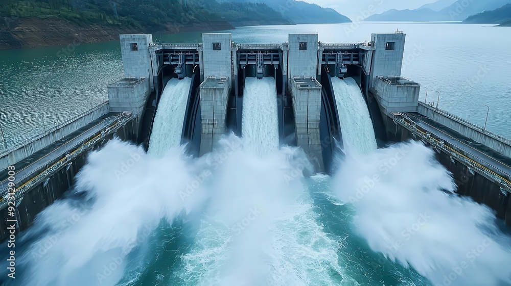 Foto de Detailed image of floodgates at a hydropower dam being opened ...