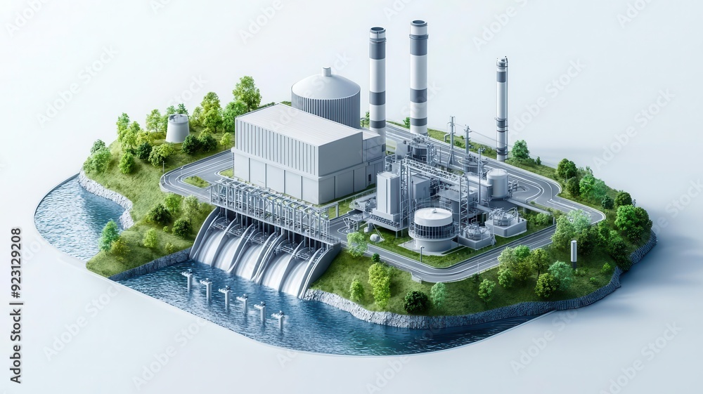 Modern hydropower plant integrated into a city s energy grid, with ...