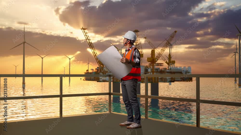 Full Body Side View Of Asian Male Engineer With Safety Helmet Looking ...