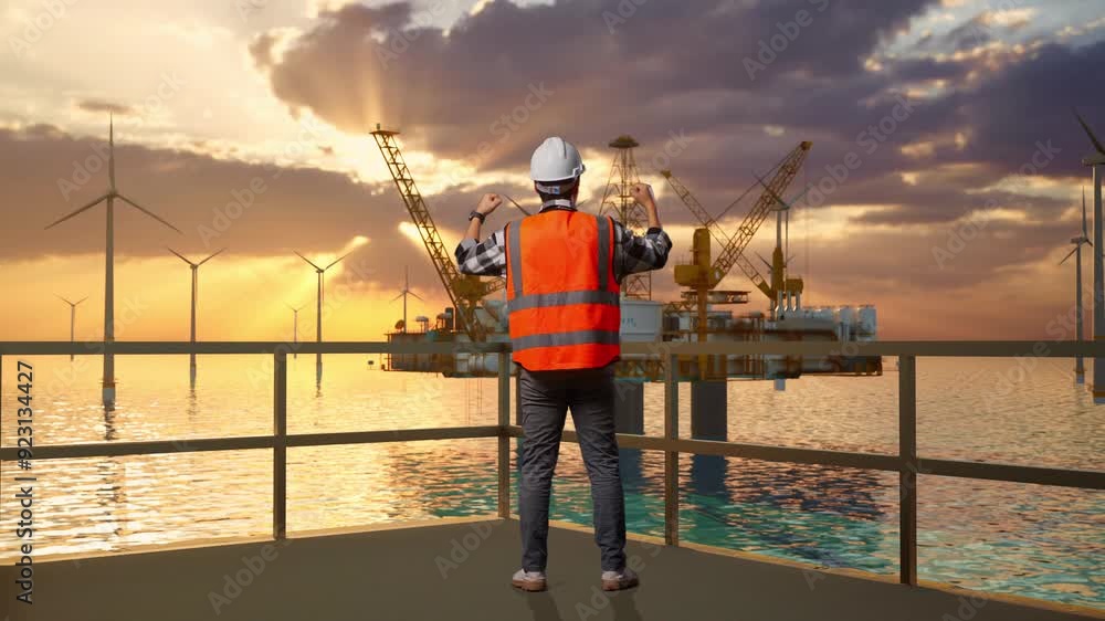 Full Body Back View Of A Male Engineer With Safety Helmet Raising His ...