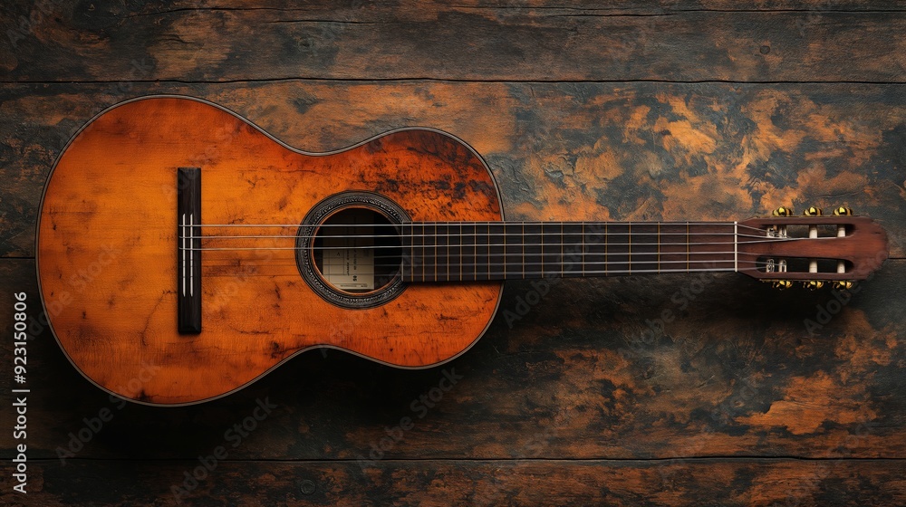 Vintage Acoustic Guitar Resting on a Rustic Wooden Surface ...