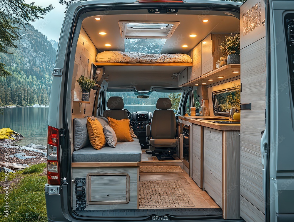 spacious van with multiple sleeping areas, a dining table, and kid ...
