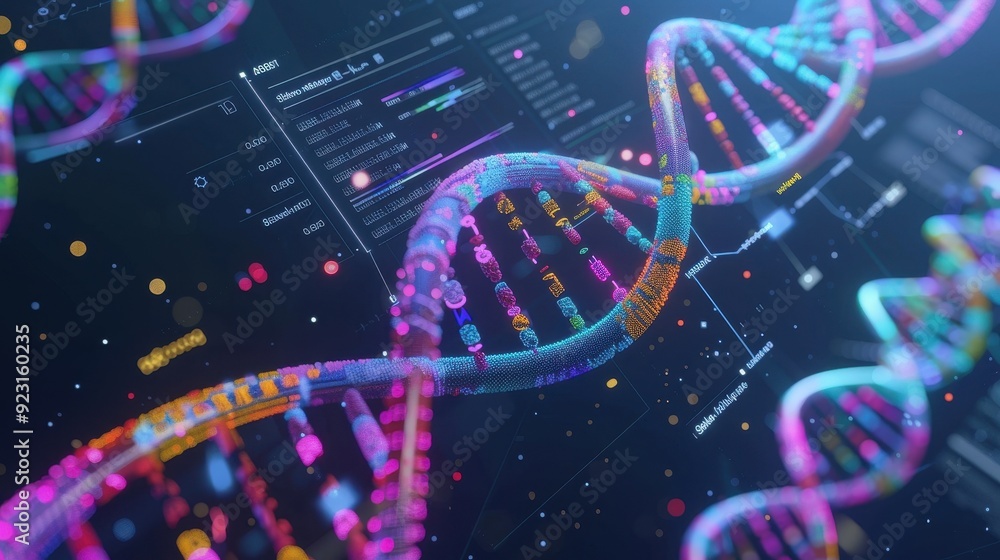 A vivid and detailed visualization of the human genome, colorful double ...