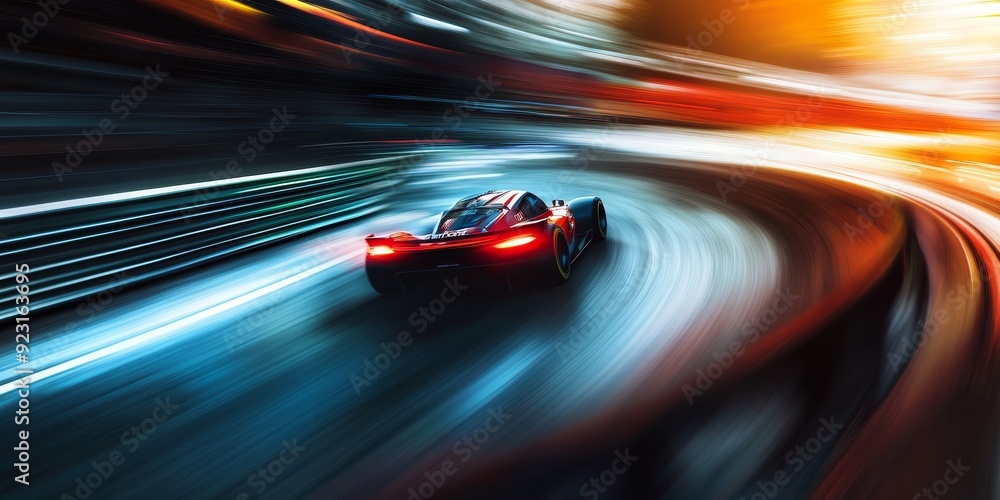 A dramatic image of a race car speeding around a track with blurred ...