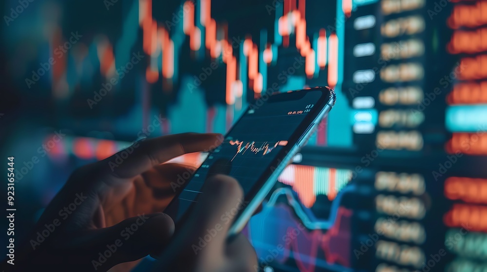 Hand Holding a smartphone with a stock chart displayed on the screen ...