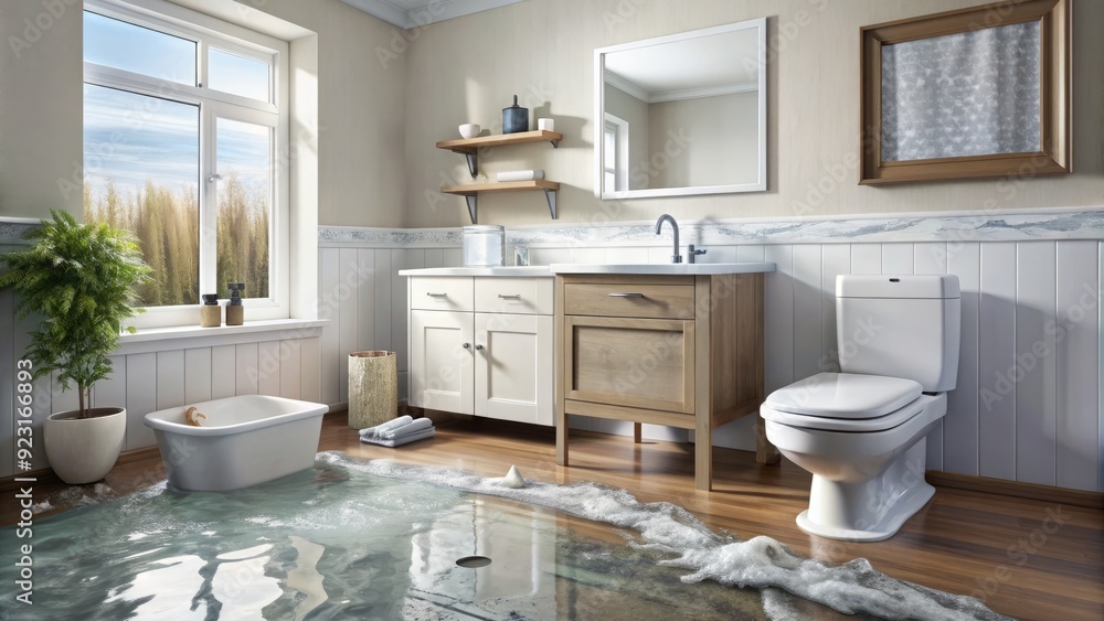 Water overflow from sink basin floods bathroom floor, surrounding ...