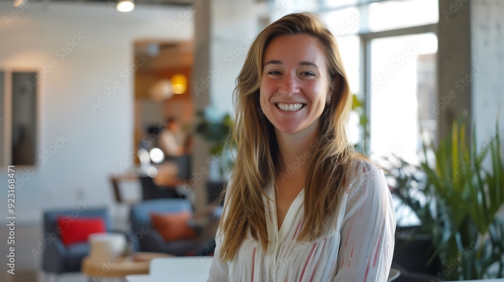 Smiling woman stands in a modern office, looking directly at the camera ...