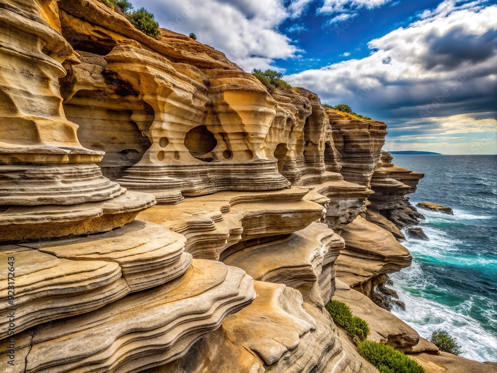 Weathered stone cliffside exhibits dramatic erosion patterns, with ...