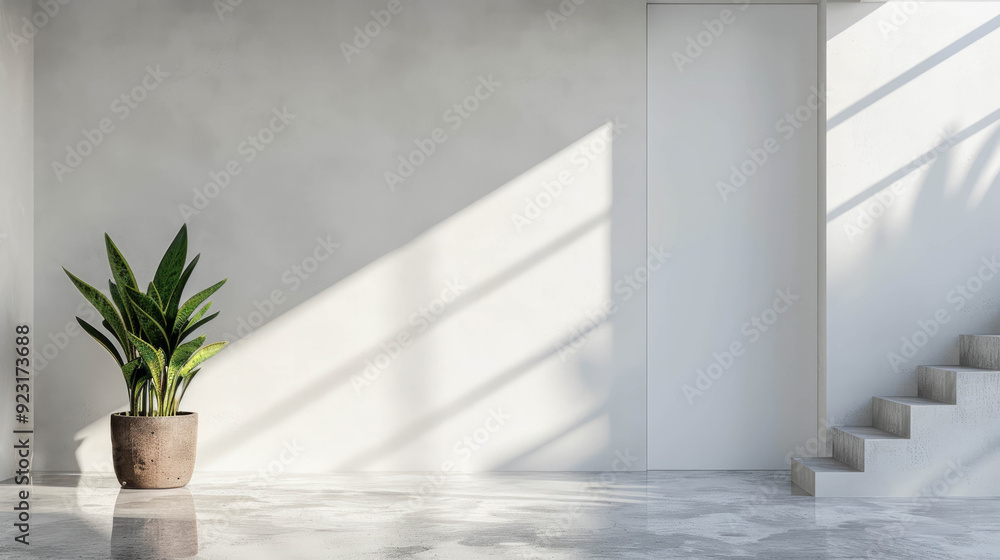 minimal white wall with faint texture, polished concrete floor, potted ...
