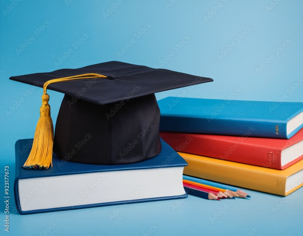 Graduation day. A mortarboard and graduation scroll on stack of books ...
