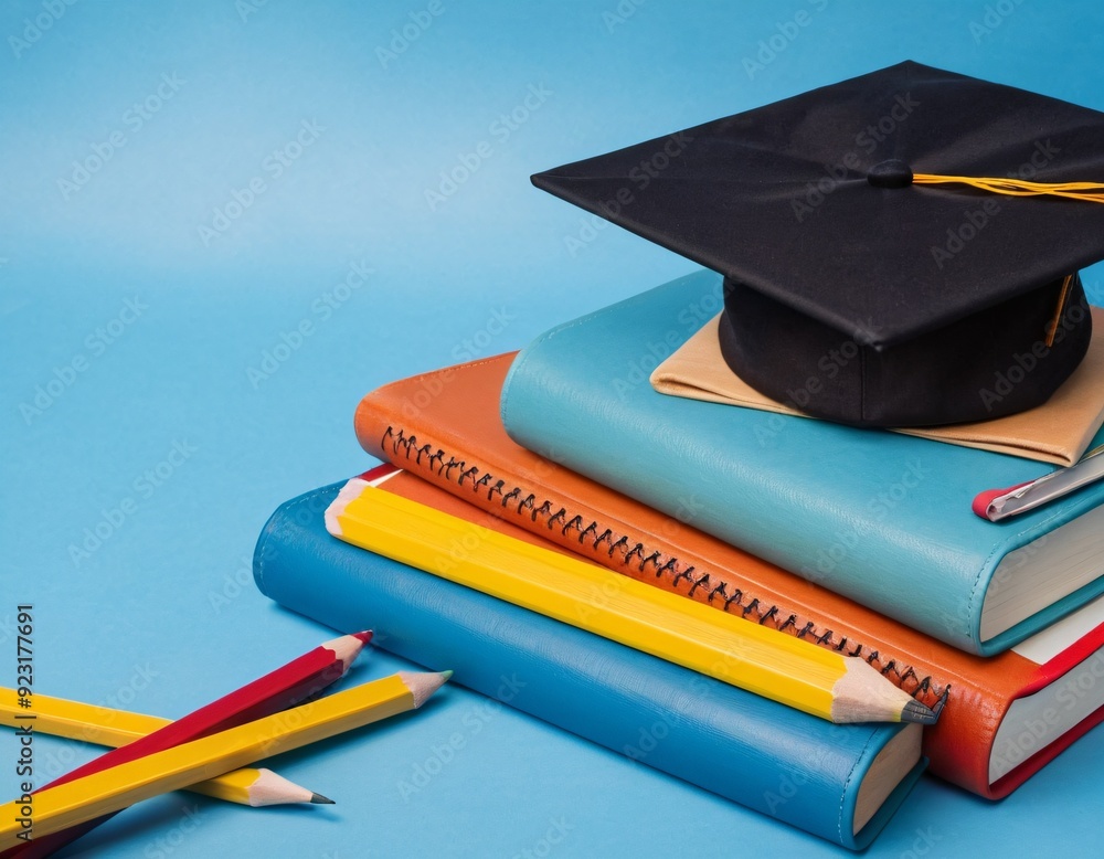 Graduation day. A mortarboard and graduation scroll on stack of books ...