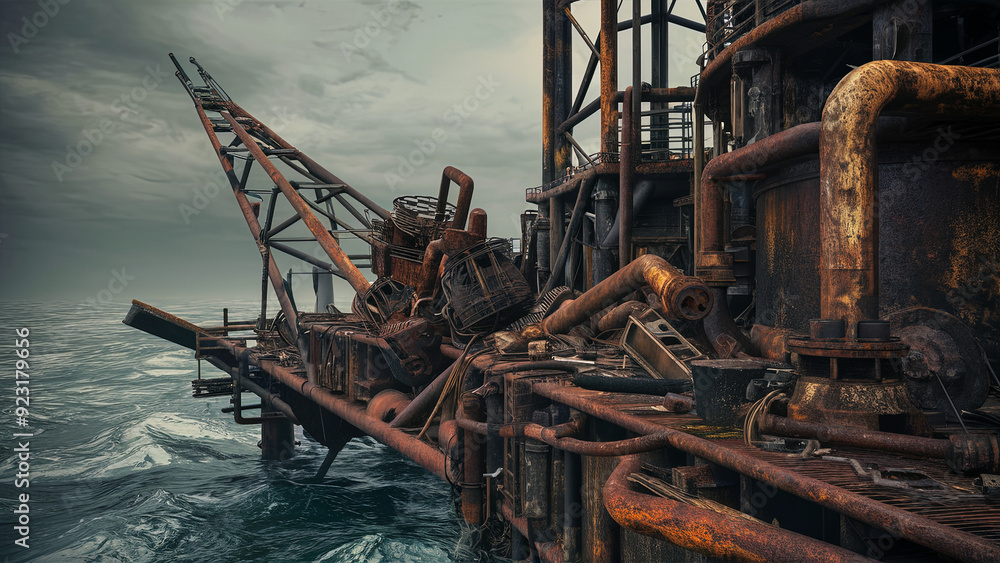 Detailed view of a severely corroded and rusting abandoned oil rig set ...