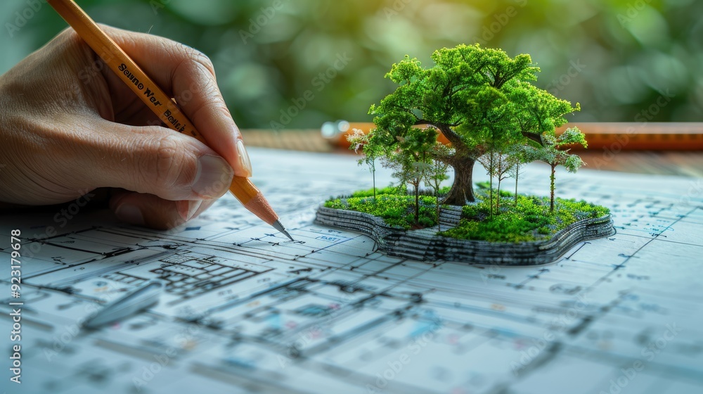 Urban planner drafting eco-friendly skyscraper blueprint with green ...